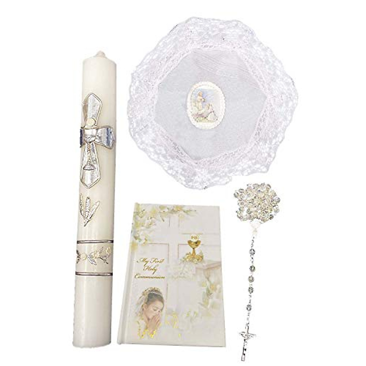 Lito First Communion Candle Set for Girls - White Silver Cross Candle Set Kit for Holy 1st Communion - English