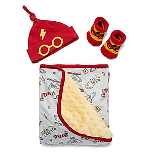 Harry Potter Baby Boys Blanket, Hat, and Socks Set Baby Plush Polar Fleece Blanket 35x35 Baby Gifts (Red/Yellow/Grey, 0-12 Months)