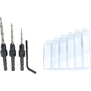 FTG USA Wood Countersink Drill Bit Set #6#8#10 Set Countersink HSS M2 Tapered Drill Bits, Quick Change 1/4 inch Hex Shank Countersink Bit, 1 Allen Wrench, and 6 Storage Containers for Countersinks