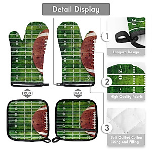 American Football Field Oven Mitts and Pot Holders Sets Heat Resistant Non Slip Oven Glove and Insulated Kitchen Counter Mat Suitable for Cooking Baking Grill