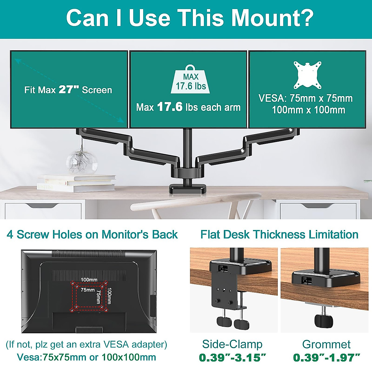MOUNT PRO Triple Monitor Desk Mount - Articulating Gas Spring Monitor Arm, Removable with Clamp and Grommet Base - Fits 13 to 27 Inch LCD Computer Monitors, VESA 75x75, 100x100