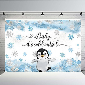 MEHOFOND 7x5ft Penguin Winter Baby Shower Backdrop for Boys Baby It's Cold Outside Blue Watercolor Background Artic Animals Little Snowflake Newborn Party Banner Decorations Photo Booth Props