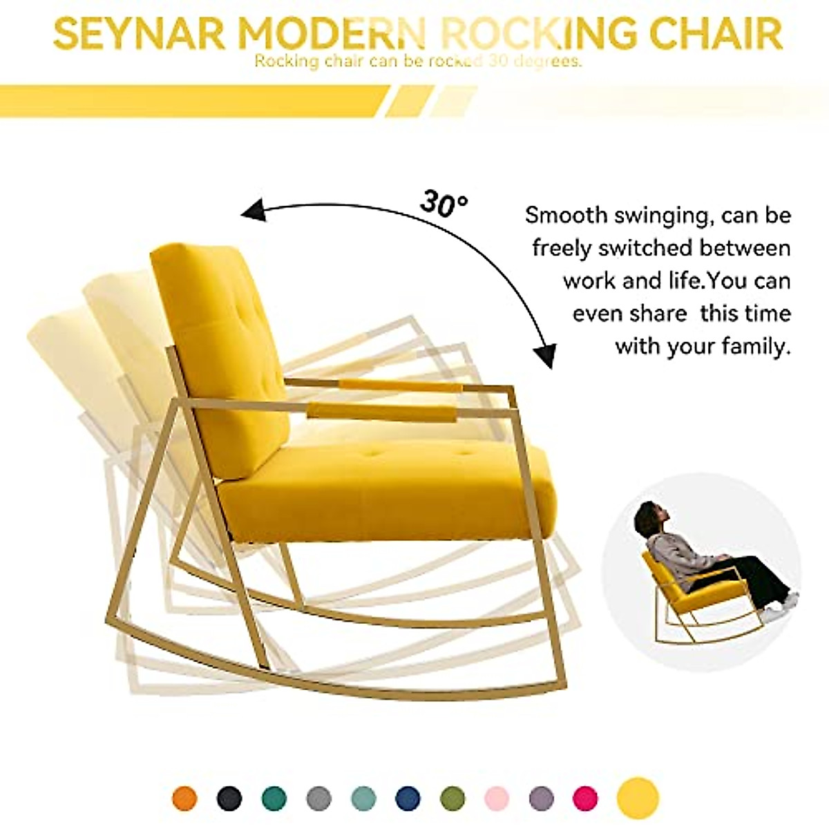 SEYNAR Rocking Chair,Upholstered Accent Chairs,Comfy Glider Living Room Chairs for Padded Seat with Golden High Armrest,Rocking Chair Nursery for Living Room,Dining Room,Bedroom,Kitchen(Yellow)