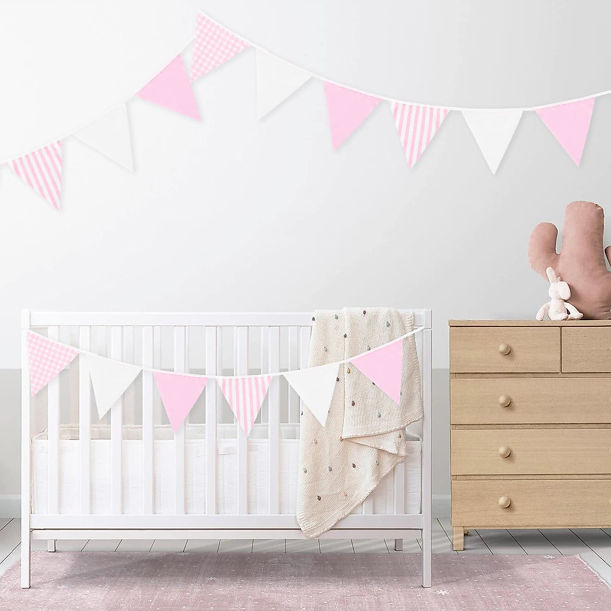 GCQQ 40Ft Pink White Party Decoration, 42Pcs Large Striped and Checkered Fabric Banner Garland, Triangle Banner Flags for Valentine's Pink Party, Wedding, Bridal Baby Shower, Home Nursery Decoration