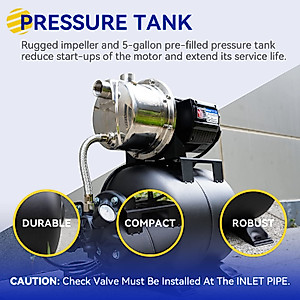 Acquaer 1.6HP Shallow Well Pump with Pressure Tank, Stainless Steel, 1320GPH 115V Irrigation Pump, Automatic Water Booster Jet Pump for Home, Garden, Lawn