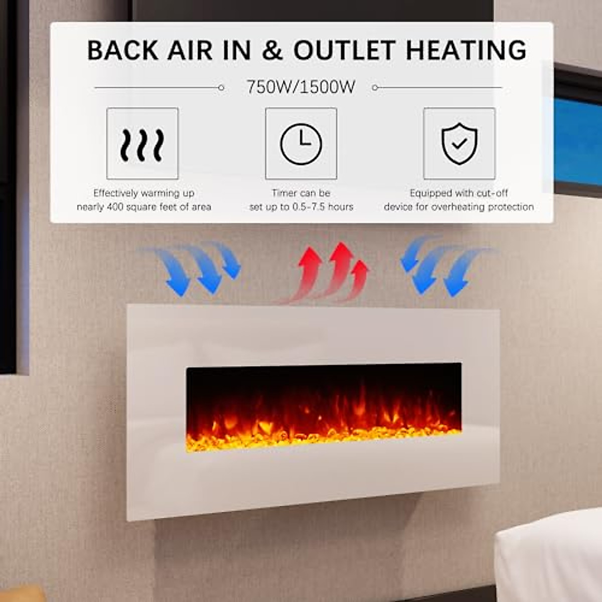 Amerlife 50" Electric Fireplace Wall-Mounted, Fireplace Heater with Timer, Remote Control, Adjustable Flame Brightness, Log Set & Crystal Options, White