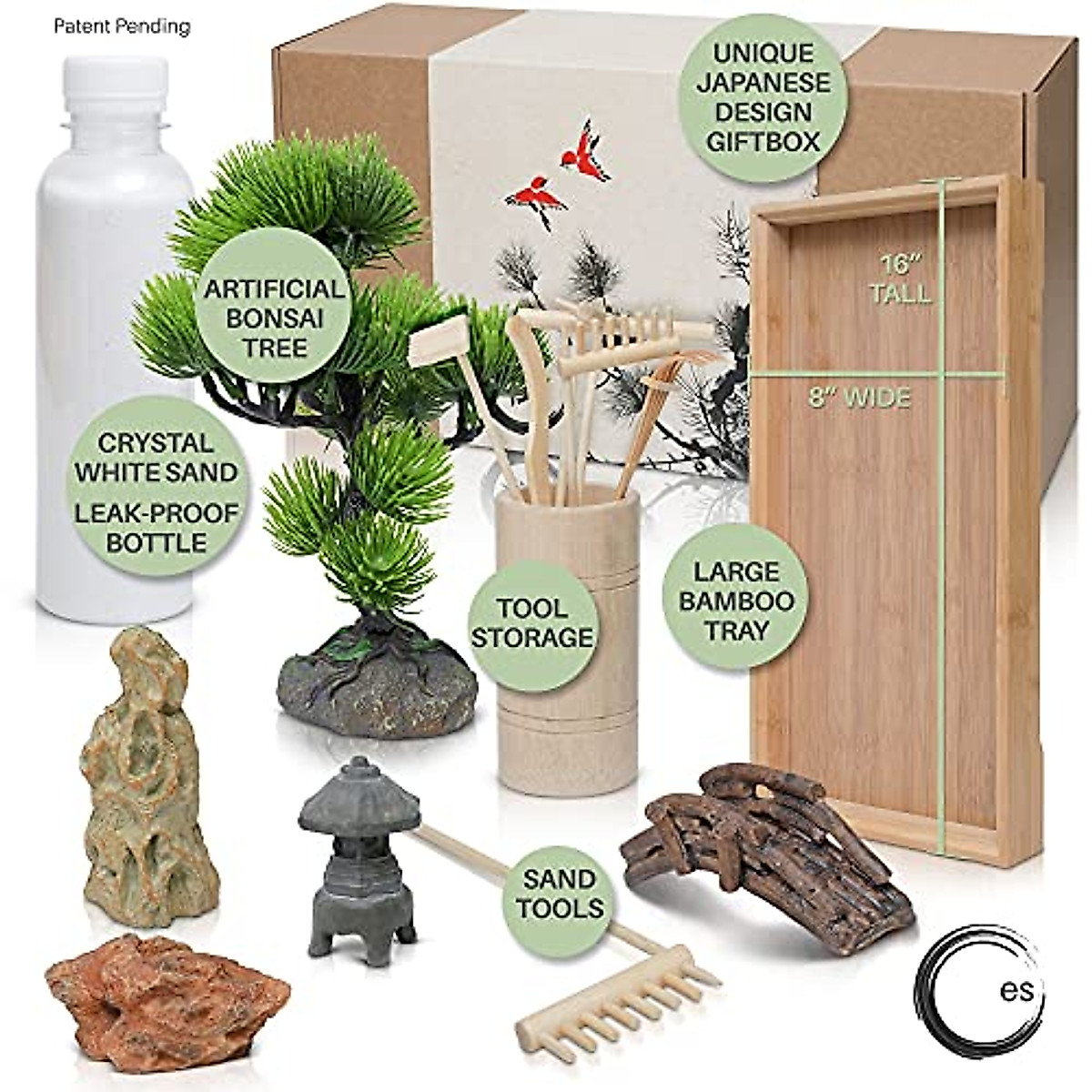 ENSO - Japanese Zen Garden for Desk - Extra Large 16" x 8" Desktop Mini Zen Garden with White Sand, Artificial Bonsai Tree, Rocks, Rakes & Accessories - Zen Gifts Sand Garden Kit for Office Decor