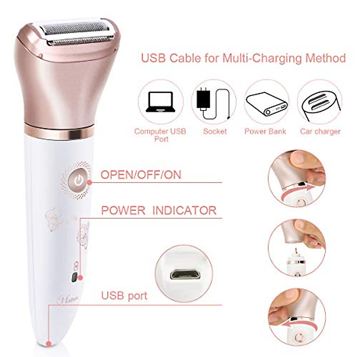 Electric Razor for Women - RenFox 2 in 1 Shaver for Women Bikini Legs Armpit Face Wet & Dry Painless Rechargeable Bikini Trimmer 2 Changeable Trimmer Heads (Rose Gold)