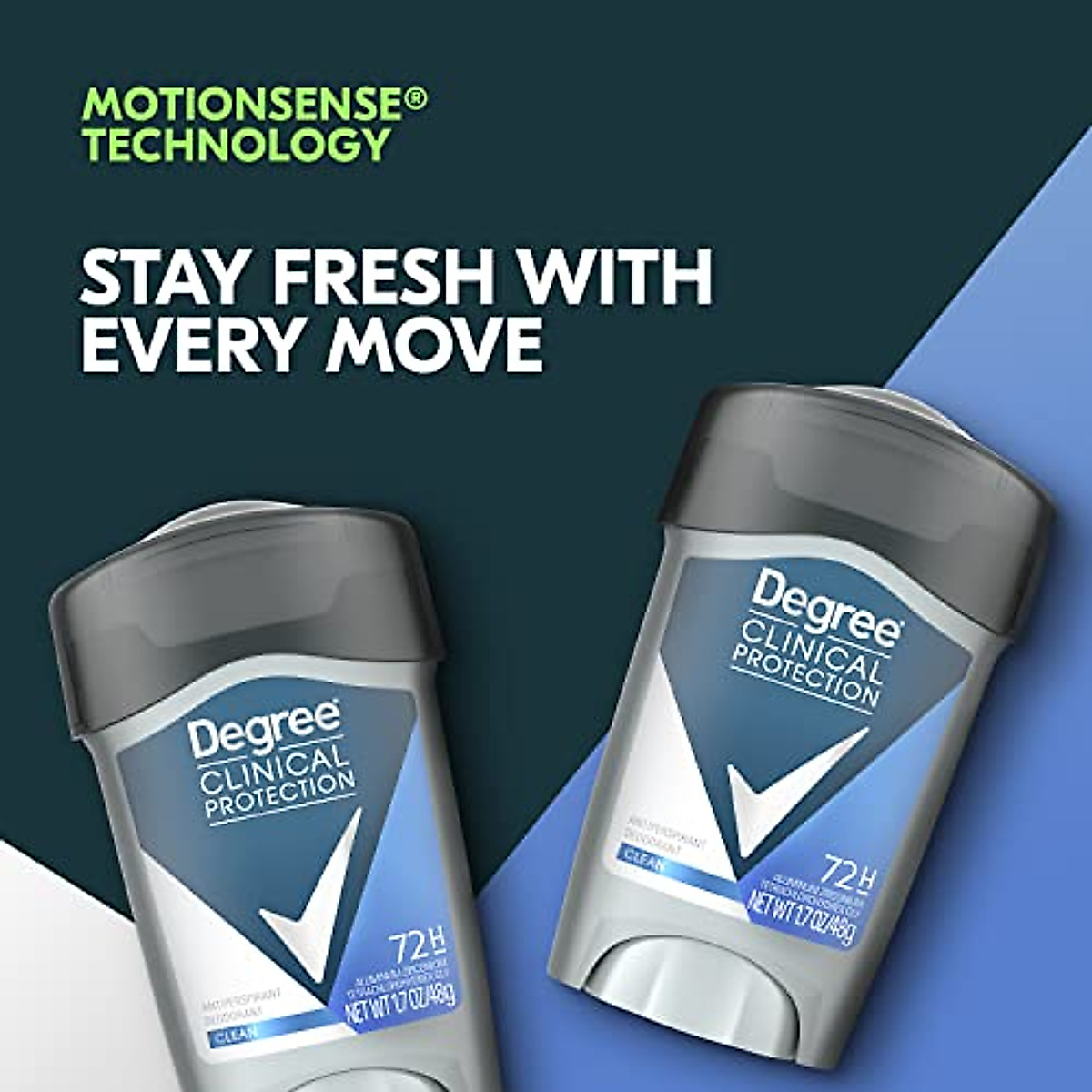 Degree Men Clinical Protection Antiperspirant Deodorant 72-Hour Sweat & Odor Protection Clean Prescription-Strength Antiperspirant For Men with MotionSense Technology 1.7 oz, Pack of 2