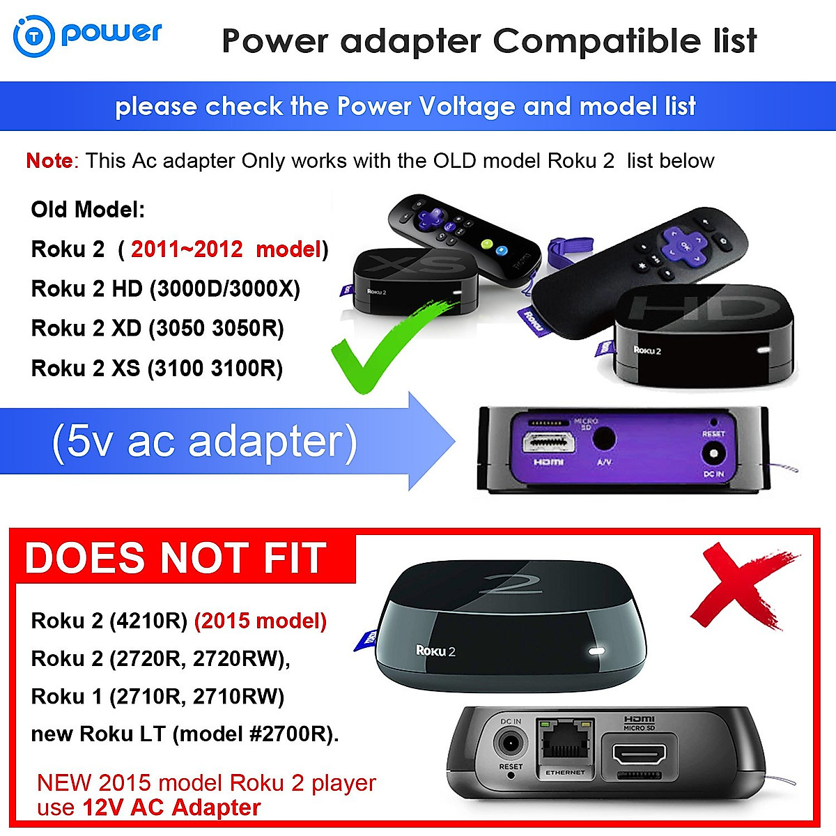 T POWER 5V Ac Dc Adapter Charger for Roku Soundbridge M1000 M1001 & Roku 2 HD 3000D,3000X Roku 2 XD 3050 3050R Roku 2 XS 3100 3100R Wireless Digital Hd Media Player Power Supply