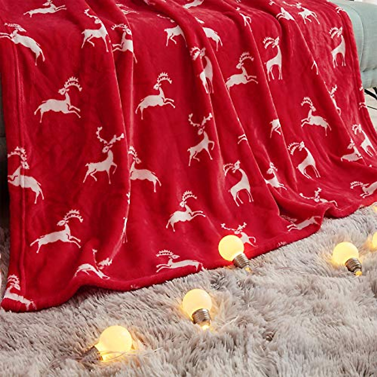 FY FIBER HOUSE Christmas Home Decor Flannel Fleece Throw Blanket for Couch Sofa with Reindeer Print，50"X60", Red