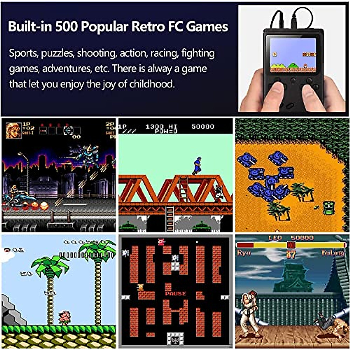 Retro Handheld Game Console with 500 Classic FC Games, Portable Retro Video Game Console, 3-inch LCD Screen and Add-on Controller, Handheld Game Console Supports Connection to TV and Two Players