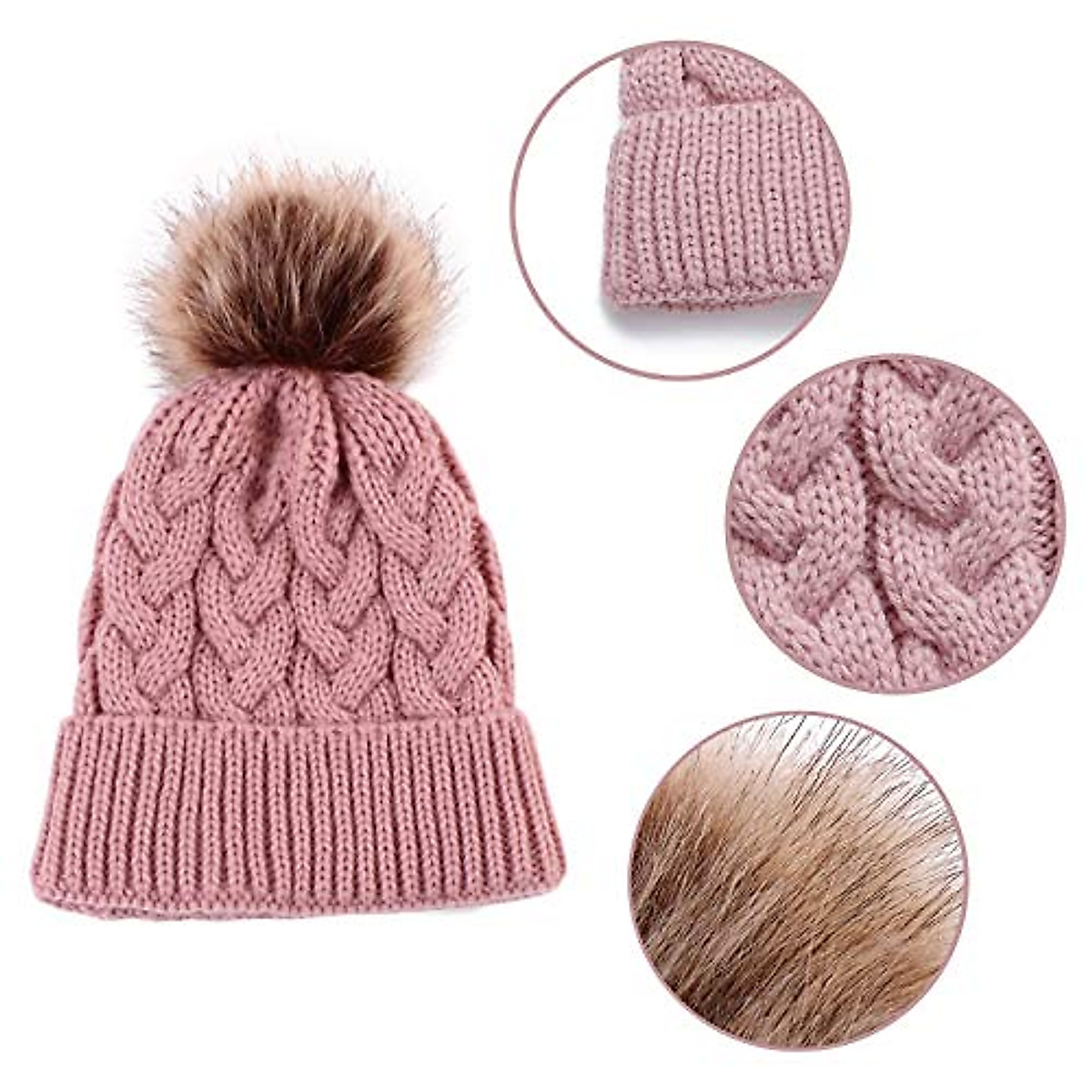 Parent-Child Beanie Hat, Mother and Baby Daughter/Son Winter Knitted Warm Hat, Winter Warm Double Pom Crochet Cap (2pcs-Pink)