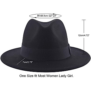Lanzom Women Wide Brim Warm Wool Fedora Hat Retro Style Belt Panama Hat (Black, One Size)
