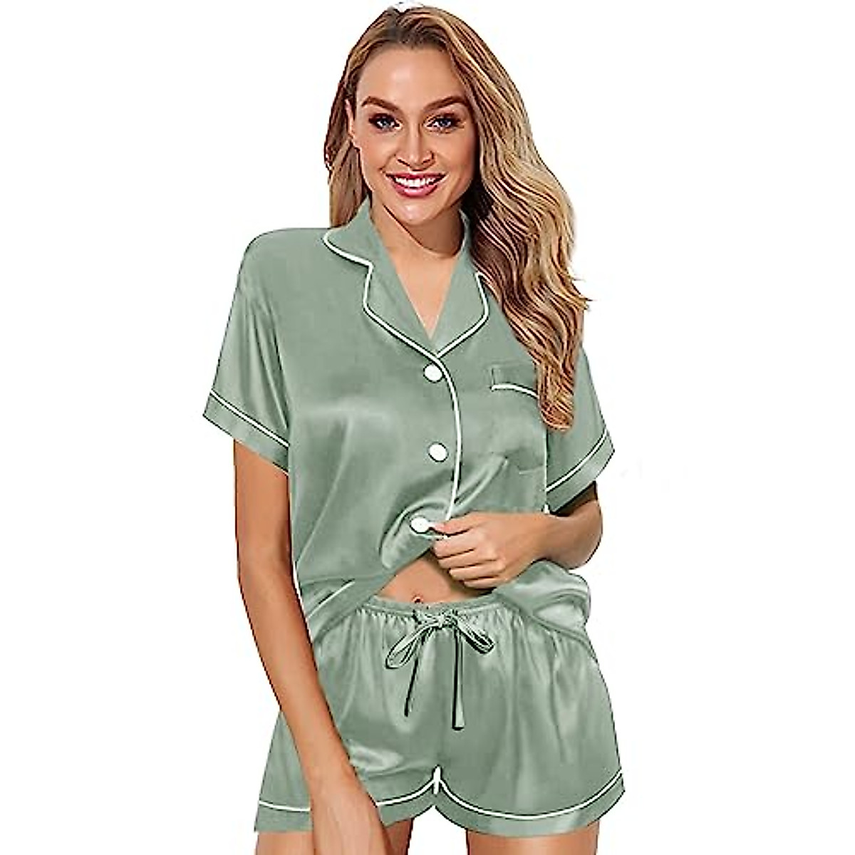 WJing Yi Jia Womens Pajama Sets Silk Satin Pajamas Set Short 2Pcs Pj Sets Button Down Pjs Set Sleepwear Loungewear