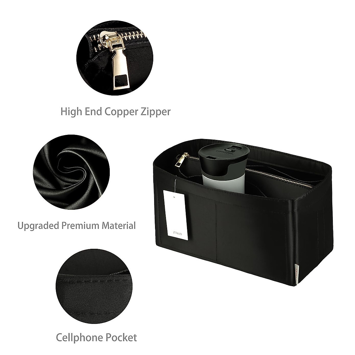 Purse Organizer Insert For Handbags, Purse Organizer With Zipper, Neverfull Organizer, Bag Organizer For Speedy Neverfull ONTHEGO Tote, Handbag and More (Silky Black, Mini)