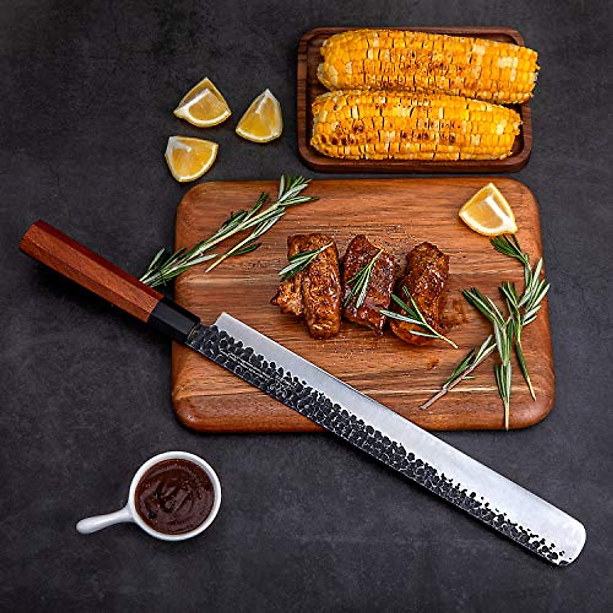 FAMCÜTE 12 Inch Slicing Carving Knife, 3 Layer 9CR18MOV Clad Steel w/octagon Handle brisket knife for Home Kitchen and Restaurant Slicing Brisket Turkey Meat