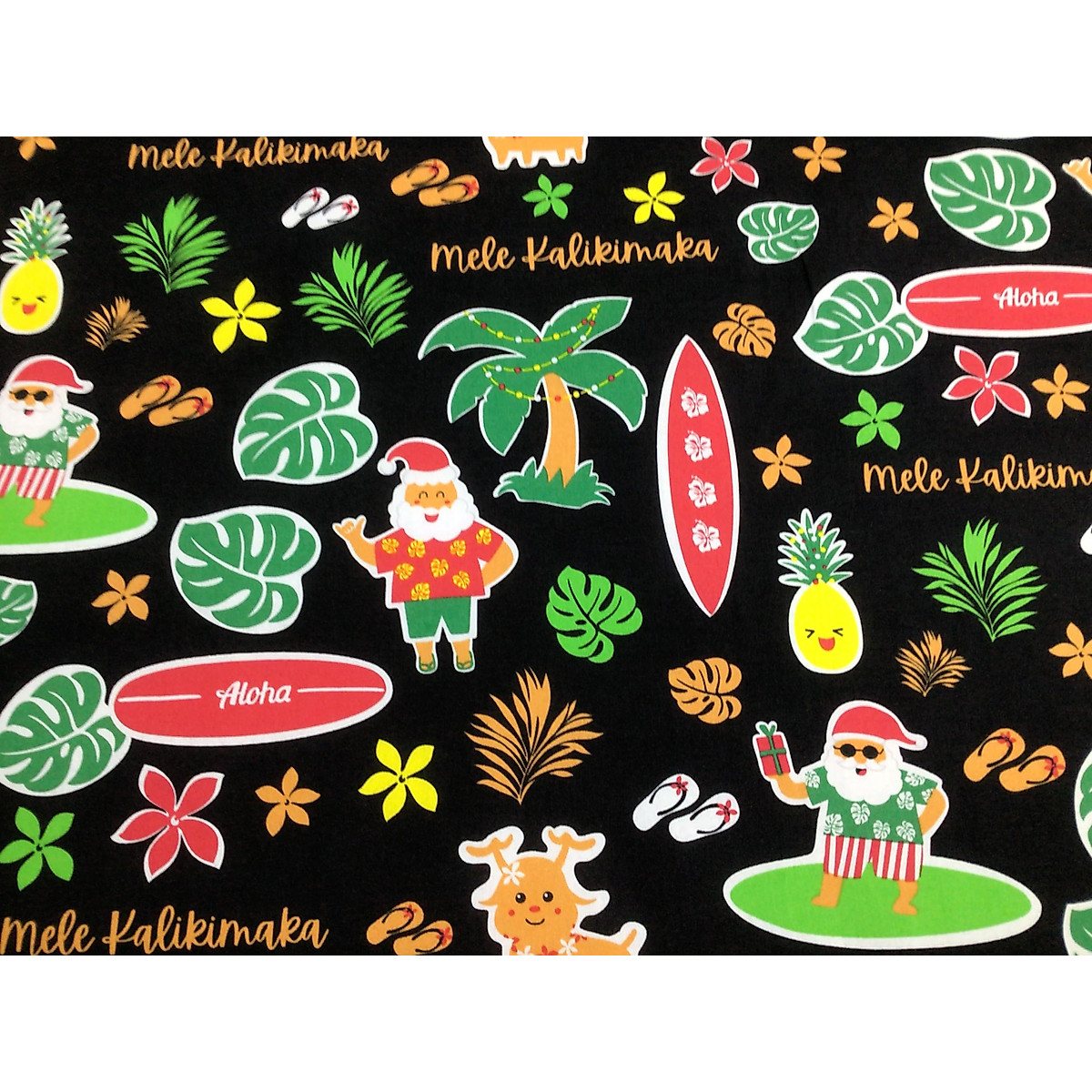 Mele Kalikimaka Hawaiian Christmas Surfing Santa in Black Background Hawaiian Print 100% Cotton Fabric Sold by The Yard