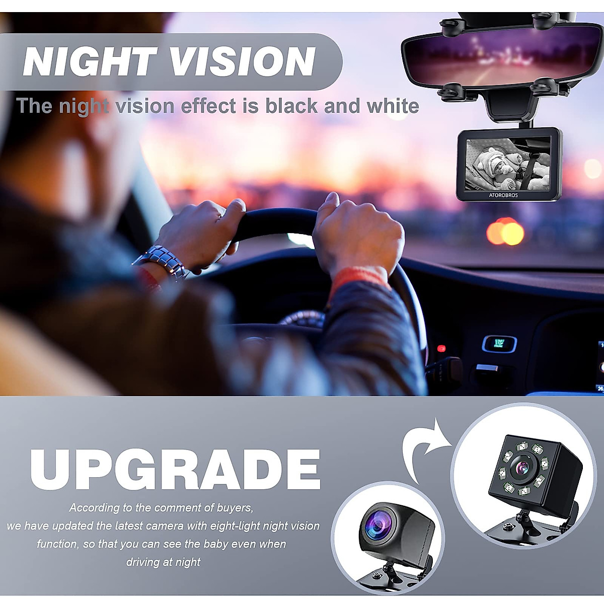 Baby Mirror for Car, ATOROBROS Baby Car Camera for Rear-Facing Seat with 4.3'' HD Display, Upgrade 360° Rearview Mirror Display Bracket, Easy and Safe to See Baby while Driving