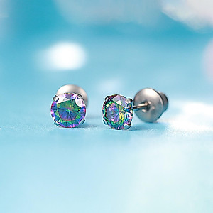 Limerencia Hypoallergenic G23 Implant Grade Titanium Screw Back Earrings Tragus 20G Helix F136 Piercing Post for Sensitive Ears Simulated Diamond Cartilage (5 mm, Rainbow Quartz)