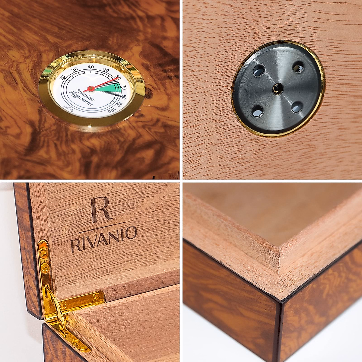 Rivanio Cigar Humidor, 9" x 8.5" x 2" (LxWxH) - Premium Handcrafted Cigar Box for Storage and Display - Humidor Cigar Box Includes Divider and Humidifier - Cigar Case for Desk or Travel