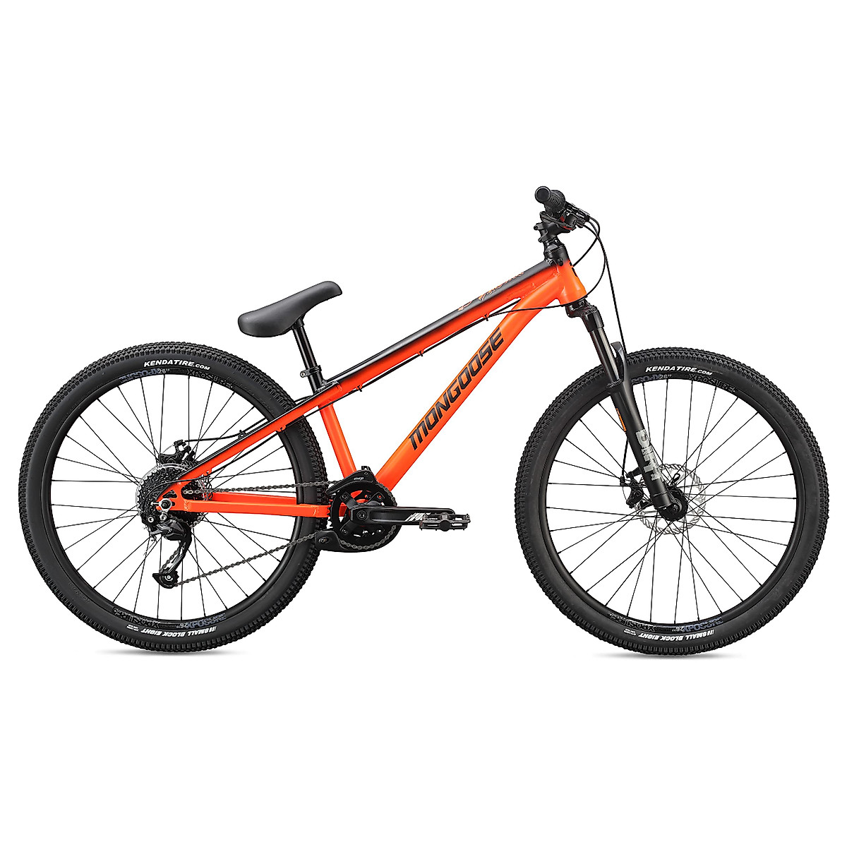 Mongoose Fireball Dirt Jump Mountain Bike, 26-Inch Wheel, 9-Speed Drivetrain, Front Suspension, Mechanical Disc Brakes, Orange