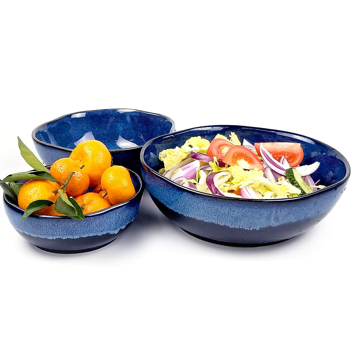 EWEIGEER Creative Kiln Variant Ceramic Salad Pasta Serving Bowl Cereal Snack Dessert Porcelain Bowls Set of 3.Small Medium and Large