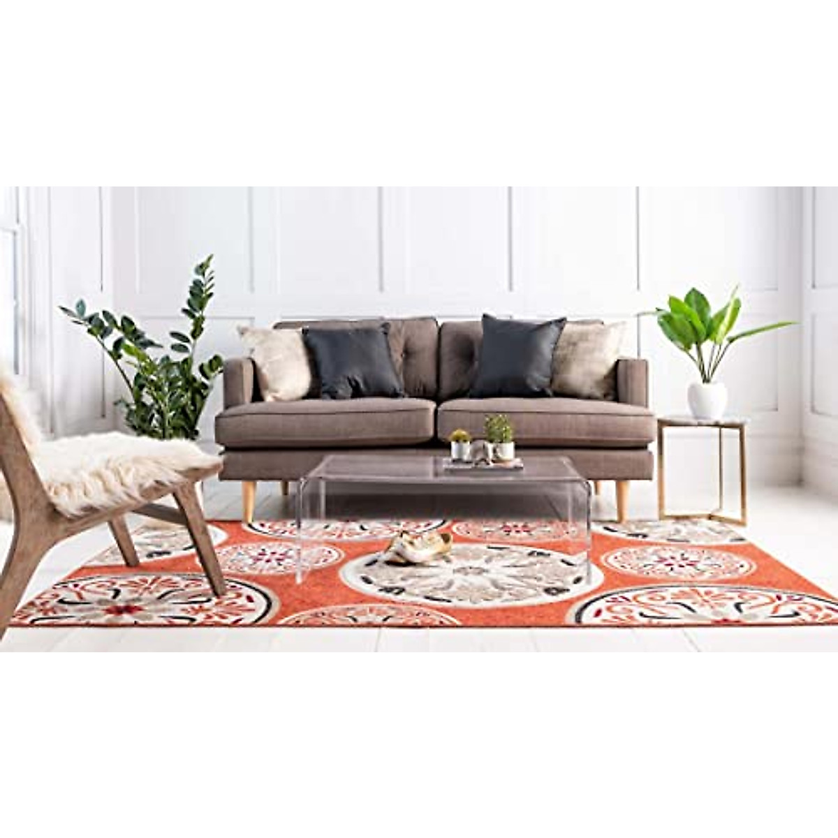 Unique Loom Modern Collection Floral, Geometric, Abstract, Bright Colors, Indoor and Outdoor Area Rug, 5 ft x 8 ft, Terracotta/Beige