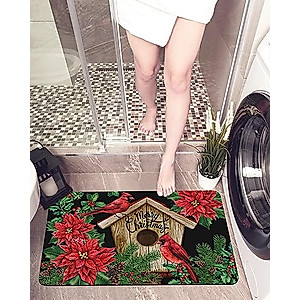 Christmas Bath Mat for Tub,Non Slip Bathroom Floor Runner Rug Quick Dry & Absorbent Diatomaceous Earth Shower Sink Kitchen Living Room Washable Doormat,Xmas Red Poinsettia Green Pine Tree 16"x24"