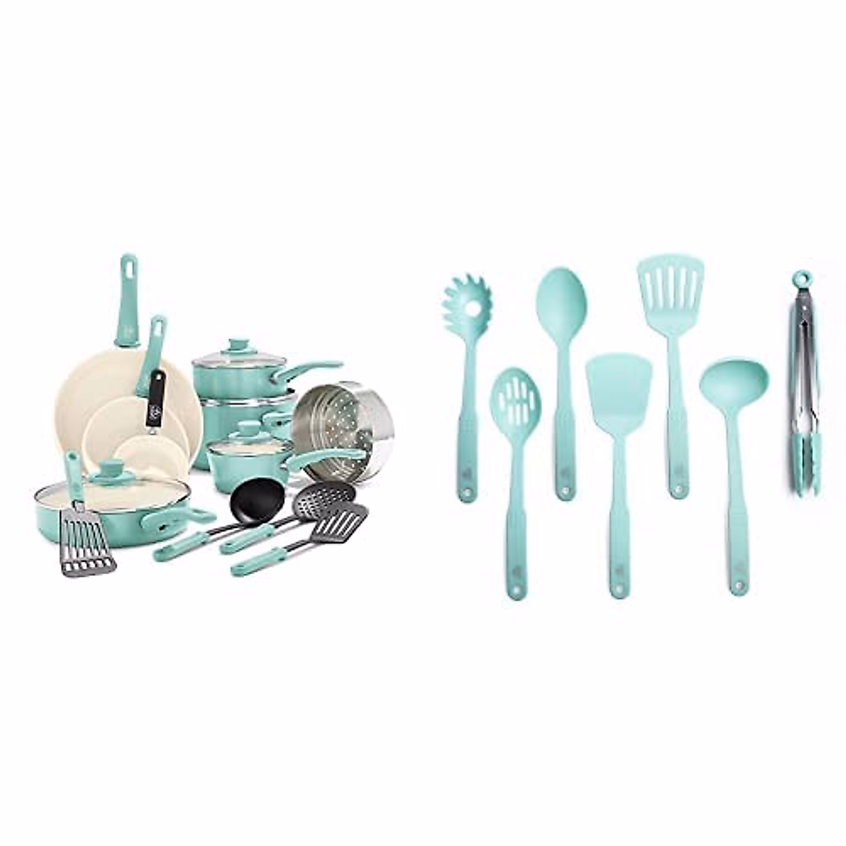 GreenLife Soft Grip Healthy Ceramic Nonstick, Cookware Pots and Pans Set, 16 Piece, Turquoise & Nylon Cooking Set, 7-Piece, Turquoise, 7pc Utensil, Turqouise