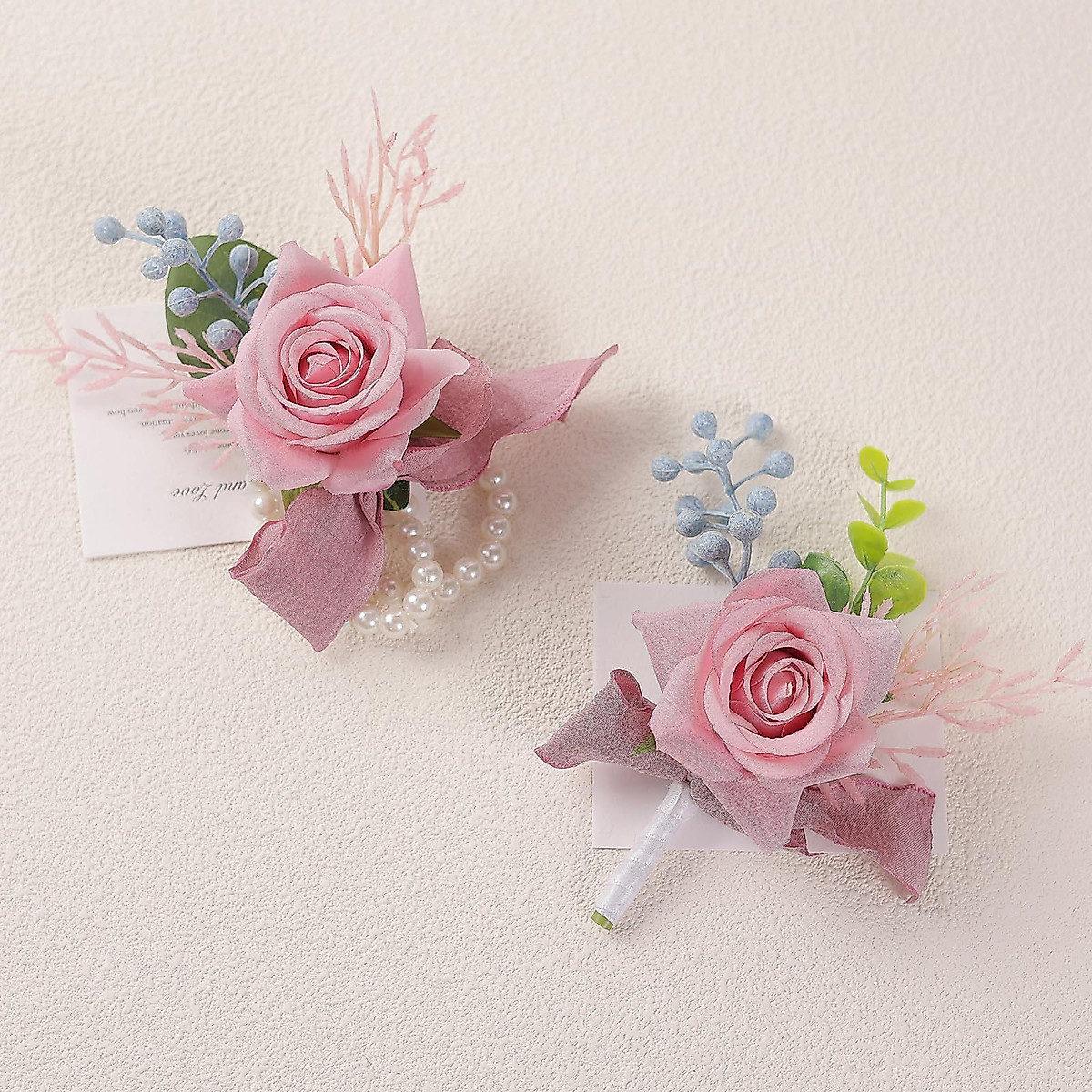 GLIDLION 2Pcs Men Boutonniere and Woman Wrist Corsage Set,Artificial Flowers Groom/Groomsman Boutonniere Pins,Bride/Bridesmaid Wrist Corsage for Wedding Party Homecoming Prom (Dusty Pink)