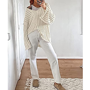 MISSACTIVER Women’s Oversized Long Sleeve Sweater Sexy V Neck Off Shoulder Knit Solid Drop Shoulder Shirt Pullover Sweaters(Small,Beige)