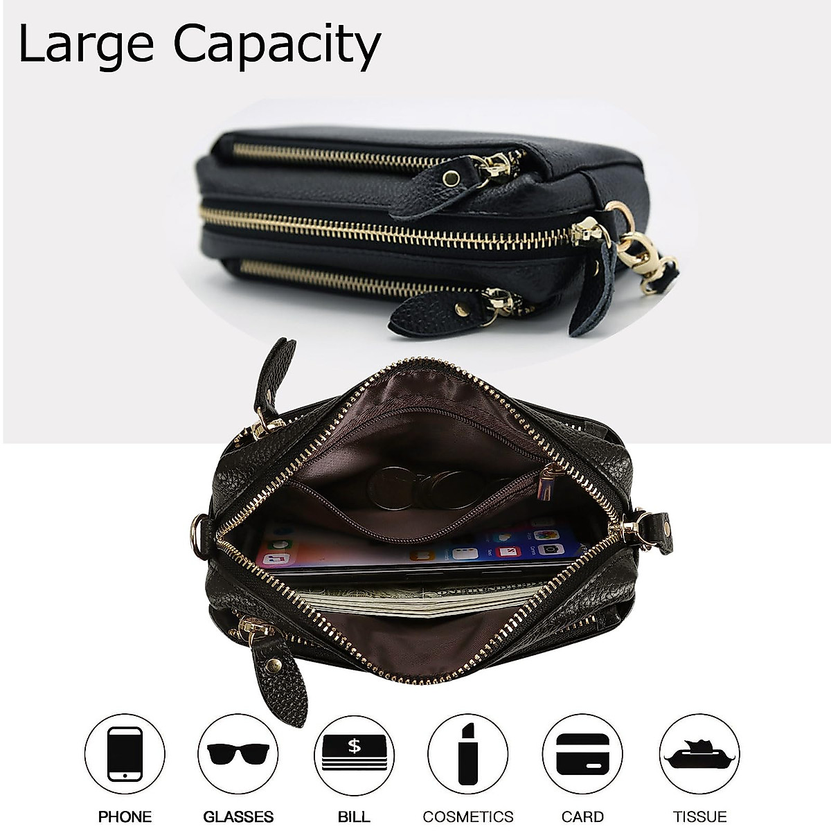 Genuine Leather Wristlet Clutch Wallet Purses for Women Small Crossbody Bags 7 Inch Shoulder Handbag 2 Straps, Coffe