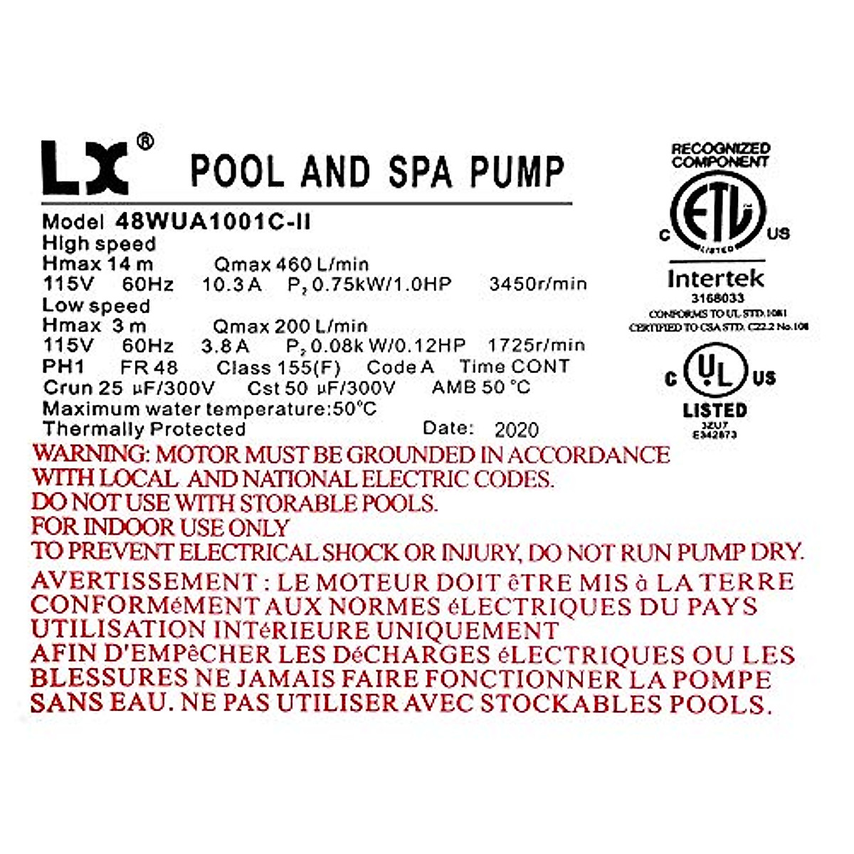 PUMP, LX 48WUA, 1.0hp, 115V, 48WUA1001C-II