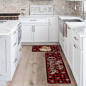 Artoid Mode Buffalo Plaid Snow Santa Claus Christmas Kitchen Rugs Set of 2, Winter Low-Profile Floor Mat Merry Christmas Decorations for Home Kitchen - 17x29 and 17x47 Inch