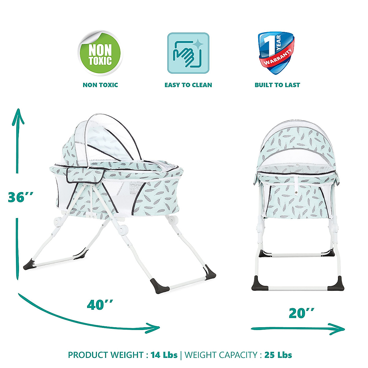 Dream On Me Karley Plus Baby Bassinet, Lightweight Compact Portable Bassinet, Easy and Quick Fold with Removable Double Canopy, Breathable Mesh Design, Ice Blue