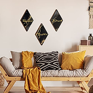3 Pcs Marble Style Bathroom Wall Decor Thankful Grateful Blessed Wall Decor Black and Gold Farmhouse Rustic Art Wall Decor Wooden Bathroom Hanging Signs for Home Laundry Spa Room,11.8 x 6.7 Inches