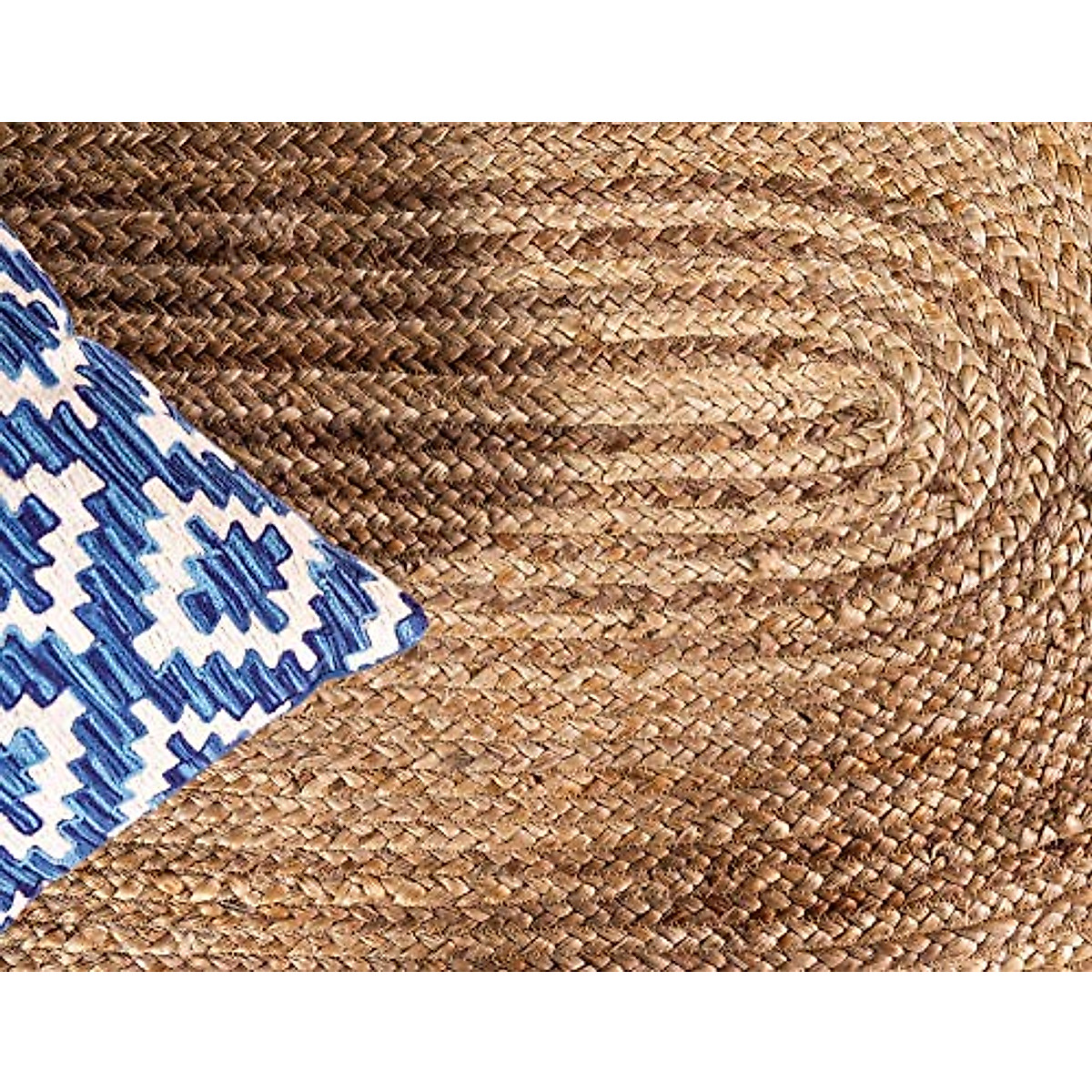Unique Loom Braided Jute Collection Classic Quality Made Natural Hand Woven with Solid Color Detail Area Rug (8' 0 x 8' 0 Round, Natural/ Navy Blue)