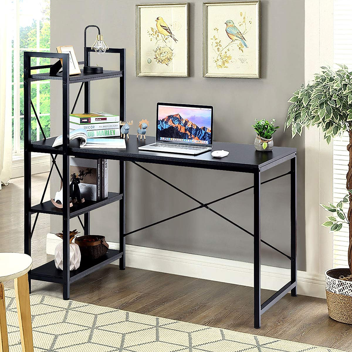 Tangkula Computer Desk with 4 Tier Shelves, Study Writing Table with Storage Bookshelves, Modern Compact Home Office Workstation, 47.5" Tower PC with Steel Frame & Adjustable Feet Pad
