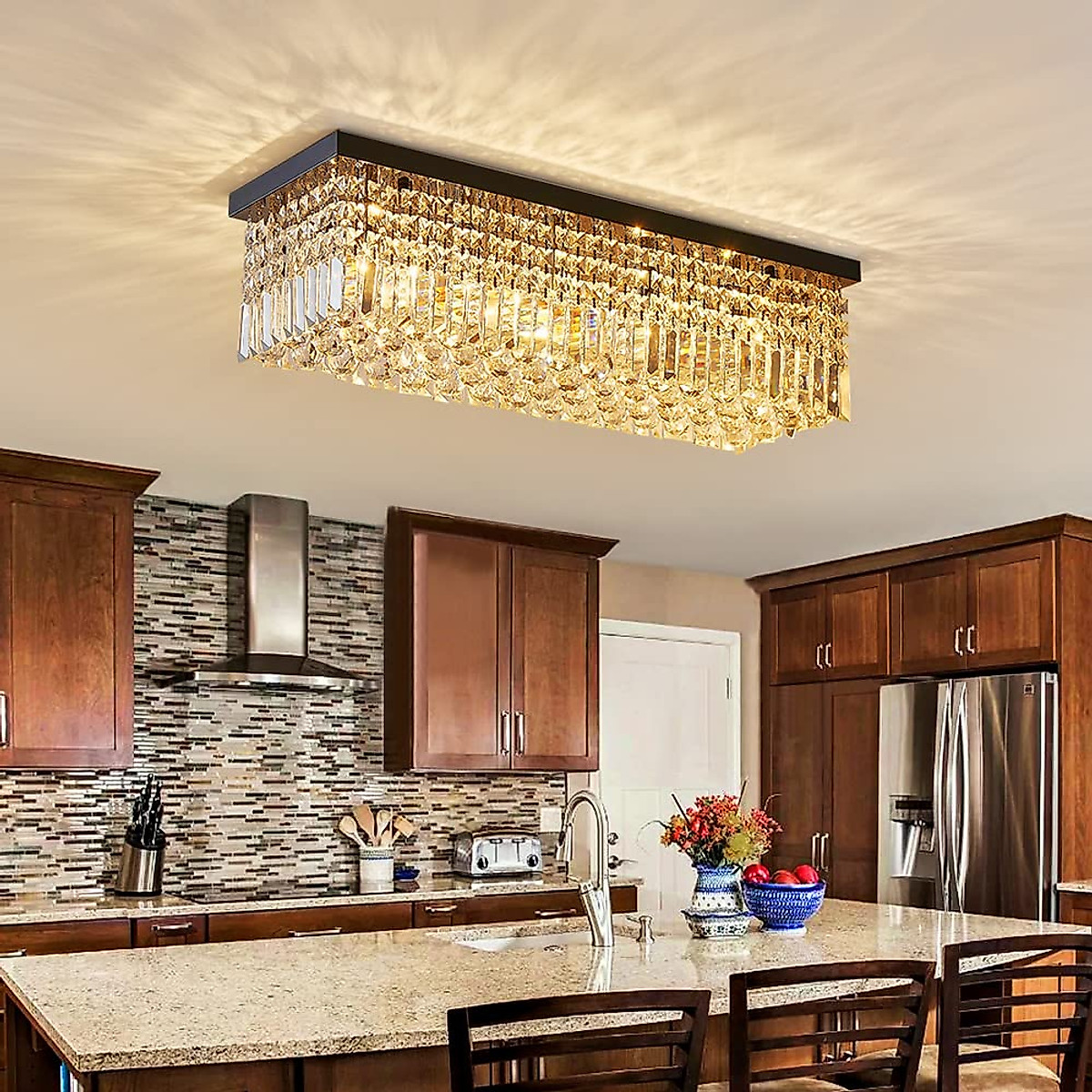 Saint Mossi 22010 5-Lights Modern K9 Crystal Chandelier, Island Design, Flush Mount Ceiling Light, H9 x W10 x L31, Clear Crystal & Pearl Black Finish