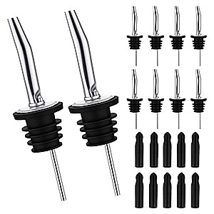 10 Pack Liquor Bottle Pourers, Stainless Steel Pour Spouts with Long Dust Caps Covers, Seal Pour Spout and Air Vent Tube, Hygienic, Dishwasher Safe.