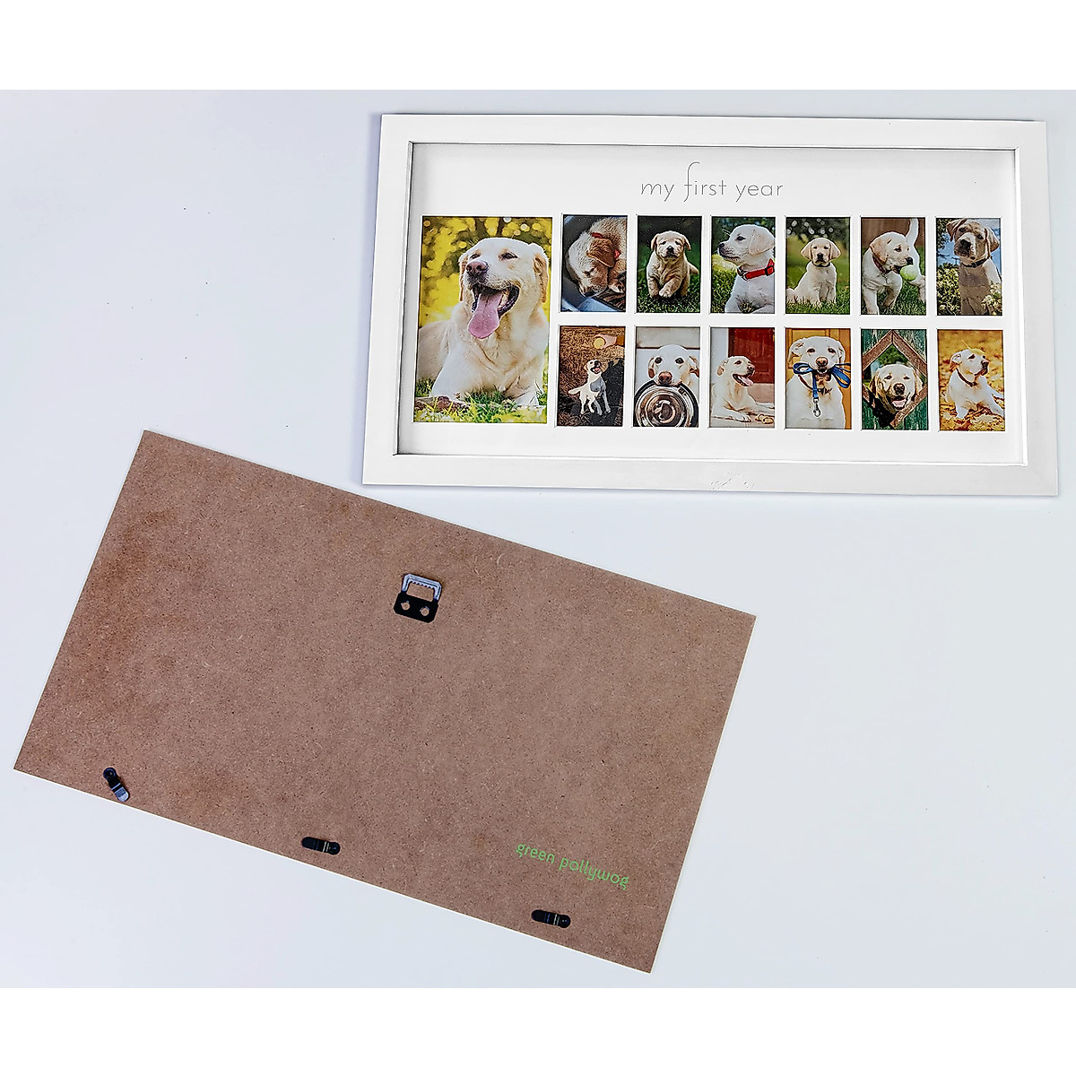 Green Pollywog | My First Year Picture Frame for Dogs | 12 Month Photo Frame | White Wood Frame | Fur Baby Frame | Fur Baby Milestone Picture Display | Dog Keepsake Frame | Dog Birthday Gift