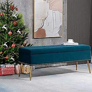 MOJAY Modern Velvet Storage Ottoman Bench, Upholstered Footrest with Rivet Decoration Table Dining Stool with Golden Legs for Entryway Dining Room Living Room Bedroom (Dark Green)