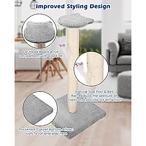 SEIOHW Cat Scratching Post, 32" Scratch Post with Sisal Rope, Tall Cat Scratcher with Bell Mouse Toy & Cat Head Perch, Scratching Post for Indoor Cats (Light Grey)