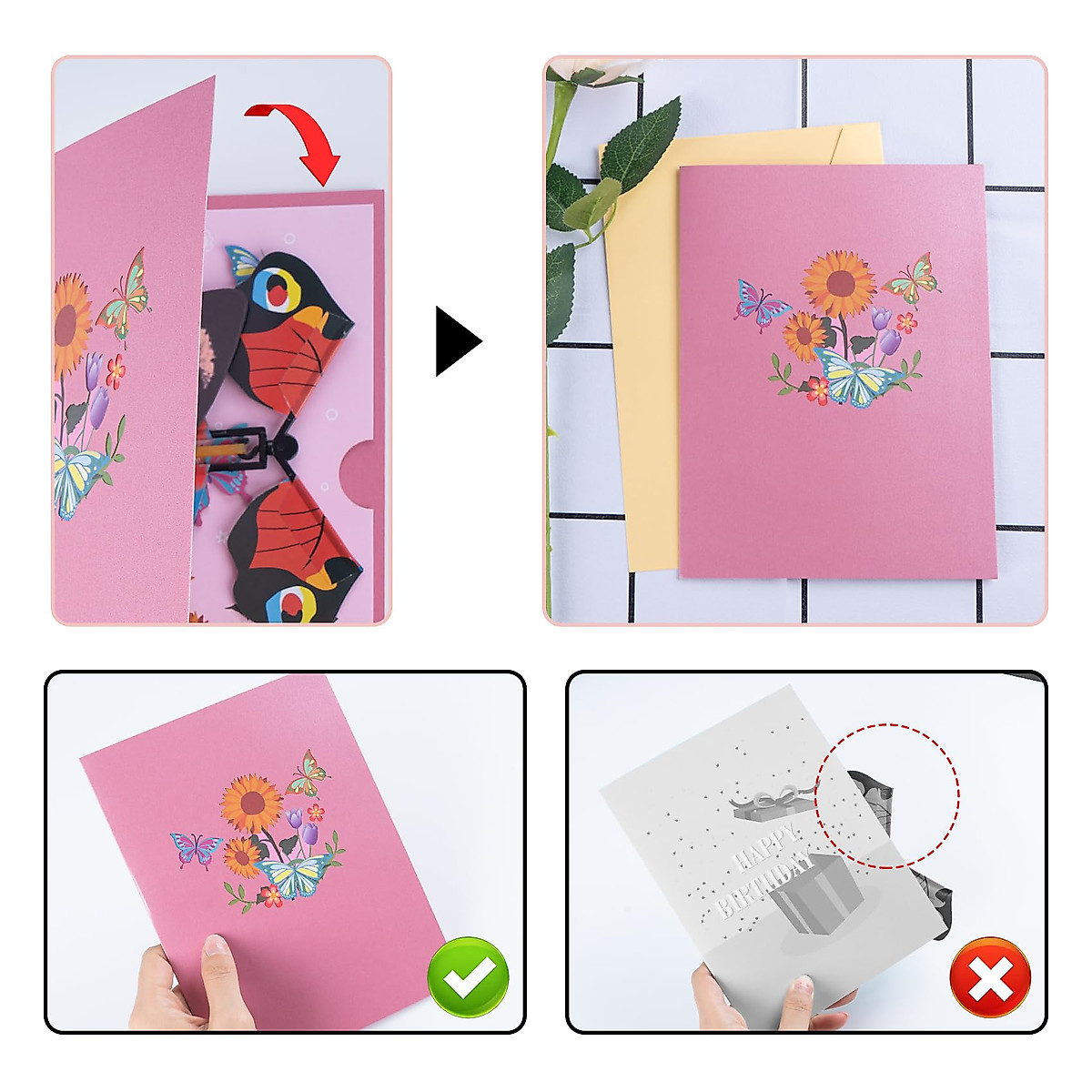 ilauke Pop Up Cards, 3D Butterfly Pop Up Cards, Greeting Cards with Magic Flying Butterfly&Envelopes, for Mothers Fathers Teachers Day Birthday Valentine's Anniversary Thank You Day