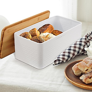Widousy Bread Bin with Bamboo Lid, White Bread storage box – Bread Holder Bin for Kitchen Countertop Storage Organizer (White)