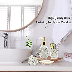 Ethlomoer Bathroom Accessory Set, 4 Pieces White&Gold Bathroom Accessories with Soap Dispenser and Toothbrush Holder Set, Boho Bathroom Accessories, Gift for Women and Men