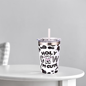 Cow Tumbler for Kids, 12 oz Cute Insulated Tumbler with Lid and Straw, Double Wall Stainless Steel, Toddler Sippy Cup For Boys & Girls Travel & Home, White
