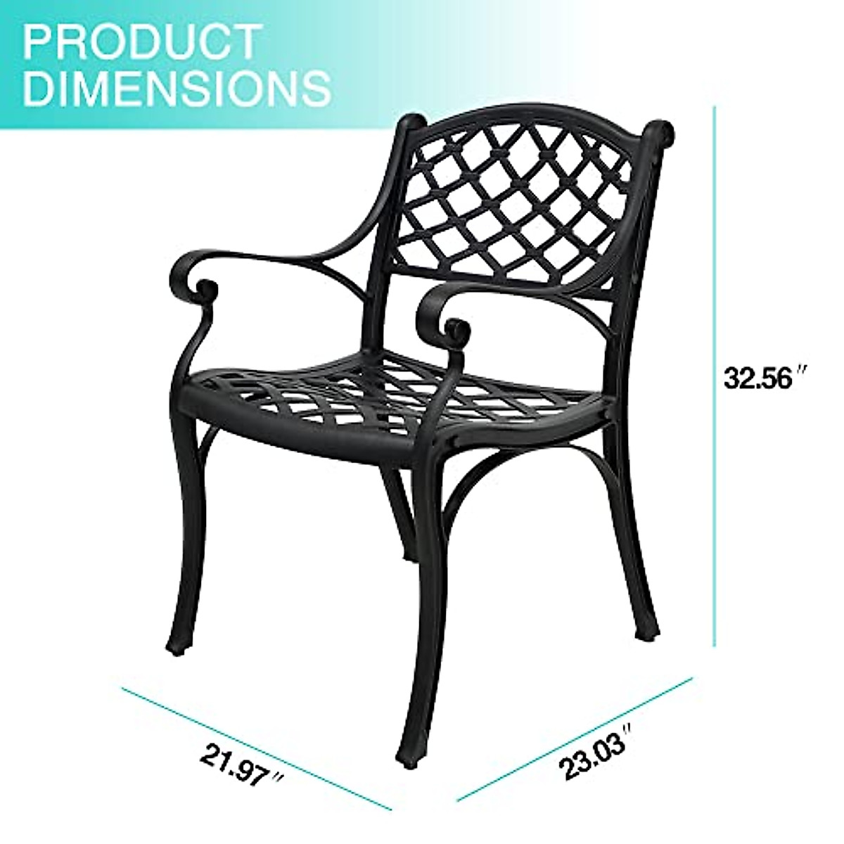 2 Pieces Cast Aluminum Patio Chair,Metal Outdoor Dining Chair with Armrest, Set of 2 All Weather Patio Armchairs,Outdoor Furniture Bistro Chairs for Lawn Porch Garden Backyard Poolside Deck,Black