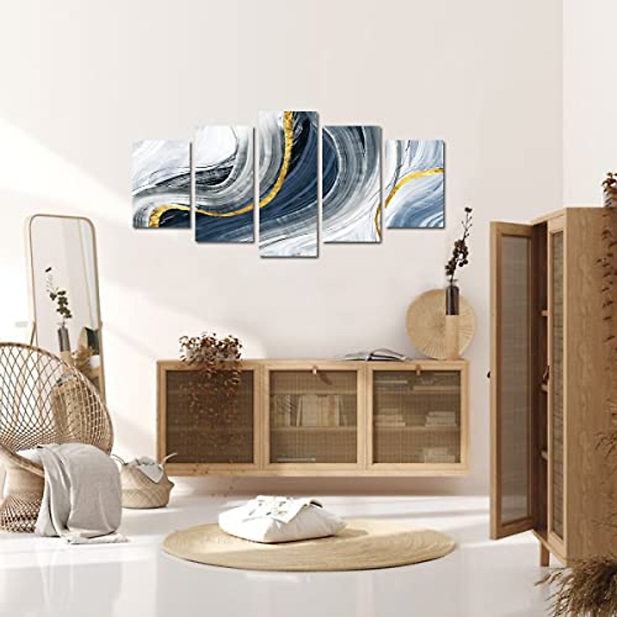 HW Hongwu Wall Art Canvas Abstract Print Picture 60x30 inch Blue Graffiti Paintings Gold Foil Line Artwork 5 Panels a Set for Living Room